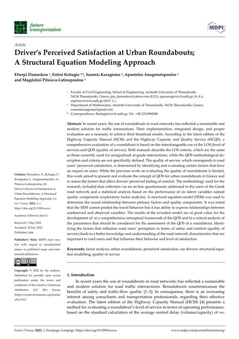 Pdf Drivers Perceived Satisfaction At Urban Roundabouts—a Structural Equation Modeling Approach