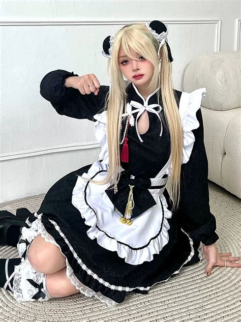 Black And White China Maid Ribbon Apron Dress Set Short Sleeve And Lo