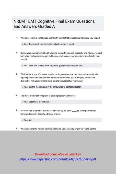 NREMT EMT Cognitive Final Exam Questions And Answers Graded A In 2024 Exam Essay Writing Tips