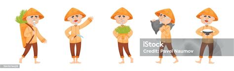 밀짚 원뿔형 모자를 쓴 아시아 남자 농부 심기 쌀 잔디 벡터 세트 개성 개념에 대한 스톡 벡터 아트 및 기타 이미지 개성 개념 개체 그룹 곡초류 Istock