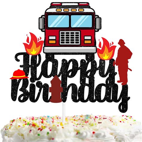 Buy Red Glitter Fire Truck Happy Birthday Black Cake Topper Firefighter