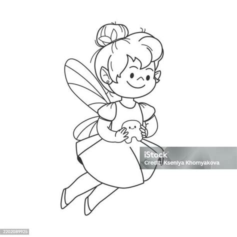 이빨 요정과 함께 아이들을 위한 어린이 색칠 공부 페이지 블랙 개요 벡터 그림입니다 치과 관리 착색 만화 라인 아트 건강한 생활방식에 대한 스톡 벡터 아트 및 기타 이미지