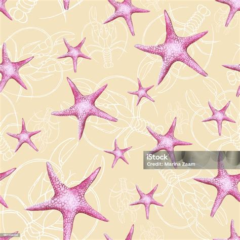 장식 및 Decoratio에 대 한 완벽 한 패턴의 해양 테마와 조디악 표지판 암 랍스터 강 암 불가사리 상세한 일러스트 레이 션 클로즈업 흰색 배경 그리기 수채화 0명에