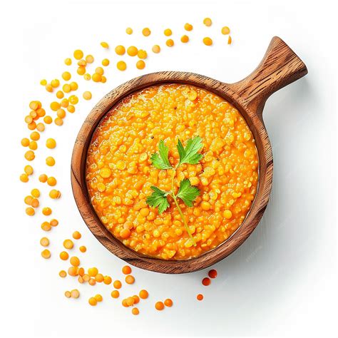 Full Of Dhal In Wooden Bawl Is On Isolated White Background Premium
