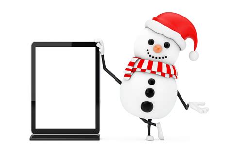 빈 무역 쇼 Lcd 화면 스탠드와 산타 클로스 모자 캐릭터 마스코트의 눈사람 당신의 디자인에 대한 템플릿으로 스탠드 3d 렌더링 12월에 대한 스톡 사진 및 기타 이미지