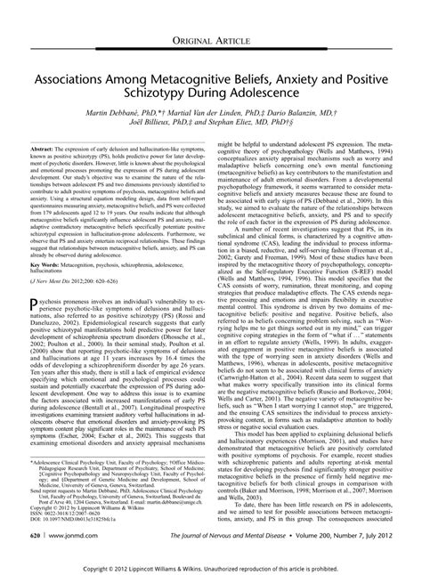 Pdf Associations Among Metacognitive Beliefs Anxiety And Positive Schizotypy During Adolescence