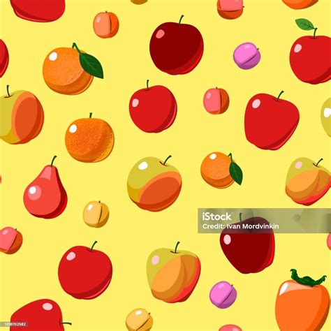 가장 인기있는 빨간색과 노란색 과일은 과일 나무입니다 원활한 배경 이미지 만화 플랫 스타일 사과 배 자두 바나나 오렌지 레몬 감 아보카도 벡터 감귤류 과일에 대한 스톡 벡터