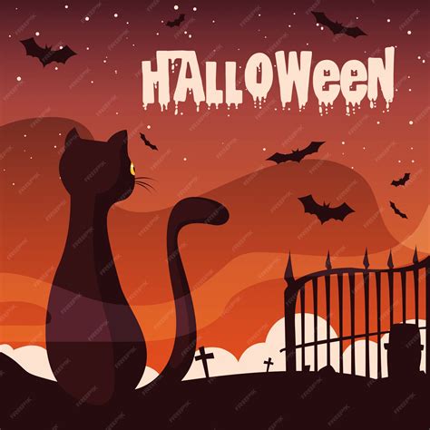 Premium Vector Halloween With Cat And Bats Flying