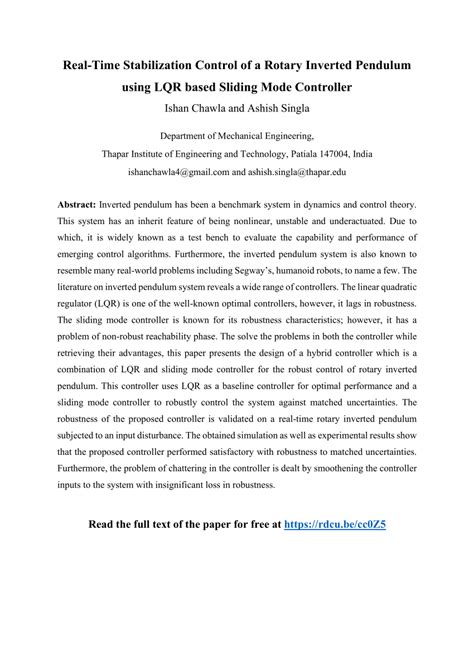 PDF Real Time Stabilization Control Of A Rotary Inverted Pendulum Using LQR Based Sliding Mode
