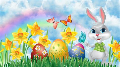 Vibrant Easter Celebration Hd Wallpaper With Bunny And Daffodils