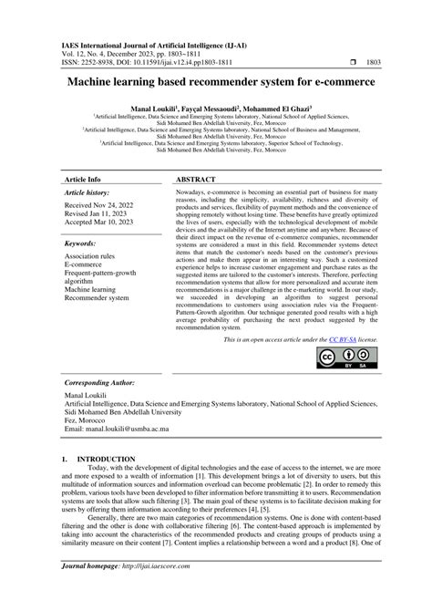 pdf machine learning based recommender system for e commerce