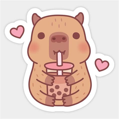 Cute Little Capybara Loves Bubble Tea Sticker Capybara Kawaii