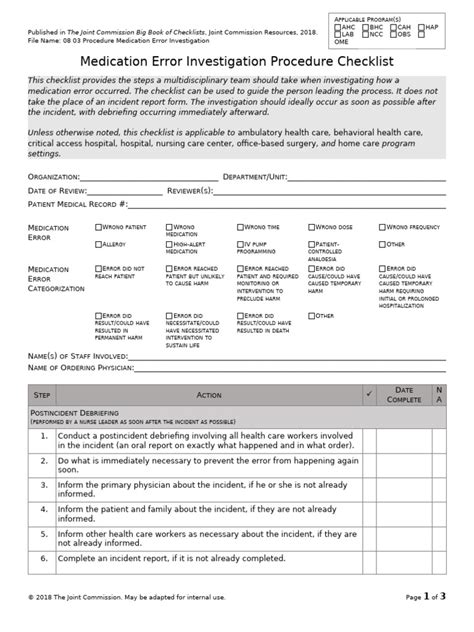 Medication Error Investigation Checklist Pdf Medical Error Patient