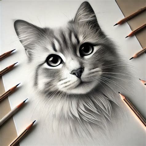 Realistic Pencil Drawing Of A Fluffy Cat With Detailed Fur Texture