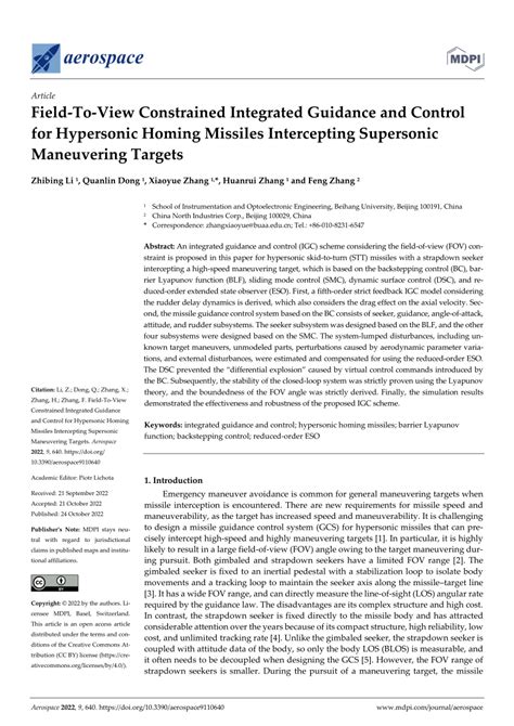 Pdf Field To View Constrained Integrated Guidance And Control For Hypersonic Homing Missiles