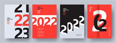 2022 년 새해 복 많이 받으는 포스터 세트의 창조적 인 개념 축하 및 시즌 장식을위한 타이포그래피 로고 2022 디자인 템플릿 미니멀한 트렌디한 배경 12월 31일에
