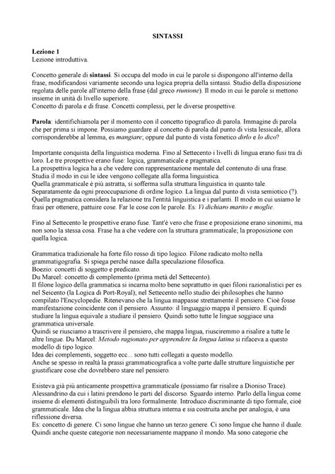 Appunti Di Sintassi Sintassi Lezione 1 Lezione Introduttiva Concetto