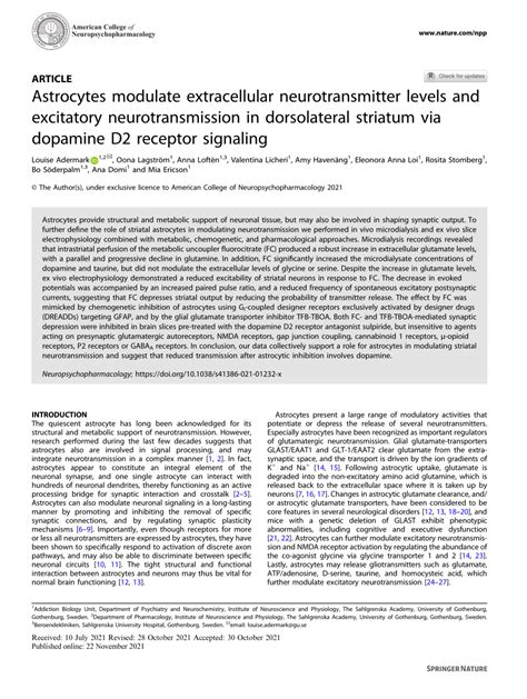 Pdf Astrocytes Modulate Extracellular Neurotransmitter Levels And Excitatory Neurotransmission