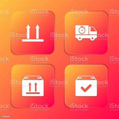 이 면을 위로 설정 배달 트럭과 스톱 워치 트래픽 및 패키지 확인 표시 아이콘 골판지 상자 벡터 교통에 대한 스톡 벡터 아트 및 기타 이미지 Istock