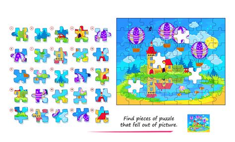 어린이와 성인을 위한 논리 게임 그림에서 떨어진 퍼즐 조각을 찾으십시오 아이들 수수께끼 책을위한 페이지입니다 세심함을위한 작업 공간적 사고 개발 온라인 플레이 벡터