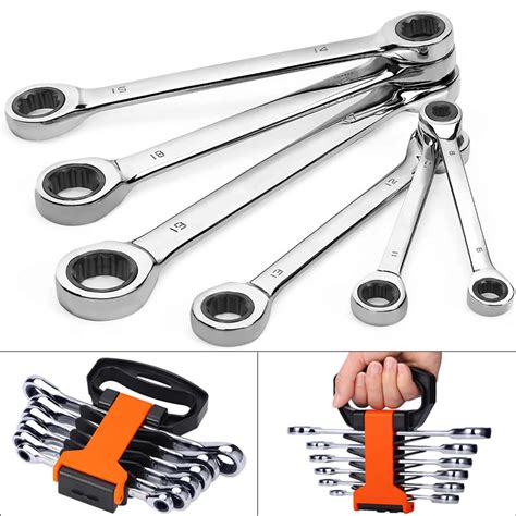 더블 박스 엔드 래칫 렌치 세트 크롬 바나듐 스틸 더블 헤드 래칫 렌치 너트 스패너 도구 세트 랙 홀더 포함