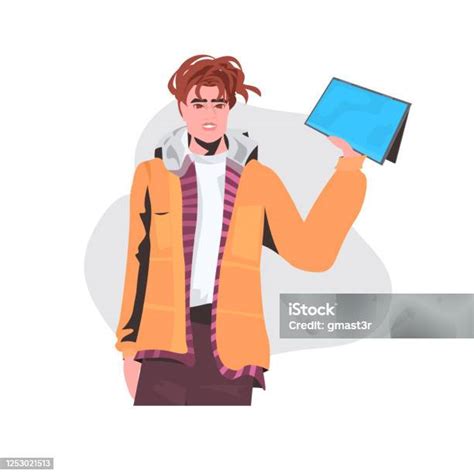 캐주얼 트렌디 한 옷 남성 만화 캐릭터 초상화 격리 벡터 일러스트에 태블릿 Pc 남자 모델을 들고 남자 가공의 인물에 대한 스톡