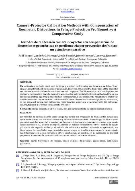 Pdf Camera Projector Calibration Methods With Compensation Of Geometric Distortions In Fringe