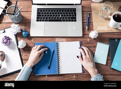 Female Babe Taking Notes With Pen At Desk Business Research And Education Flat Lay Office