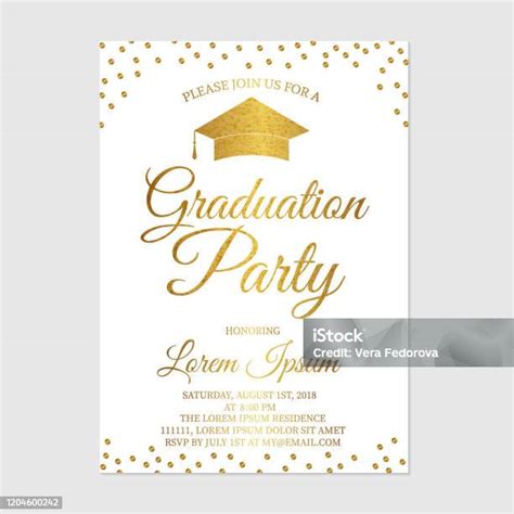 졸업 파티 초대 카드 템플릿입니다 골드 반짝이 물방울 무늬 그라드 파티 초대 졸업 축 하 발표 벡터 그림입니다 졸업식에 대한 스톡 벡터 아트 및 기타 이미지 Istock
