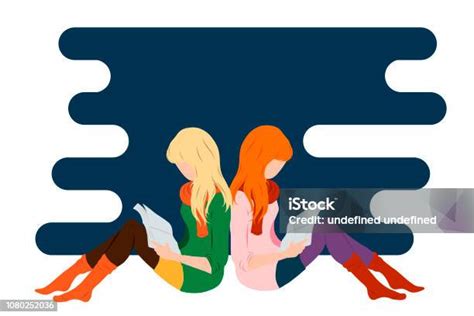 책을 읽고 두 여자 스타일 일러스트 교육 책 상점 잡지 프로 모션 패션 포스터 배너 도서관 로고 아이콘 애 포스트 카드에 대 한 평면 배경 없이 절연 공부에 대한 스톡 벡터