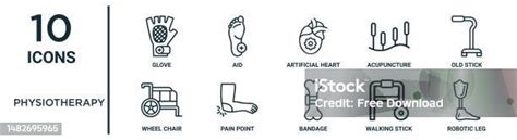 물리 치료 개요 아이콘 세트에는 얇은 라인 장갑 인공 심장 오래된 막대기 통증 지점 지팡이 로봇 다리 보고서 프레젠테이션 다이어그램 웹 디자인을위한 휠체어 아이콘이