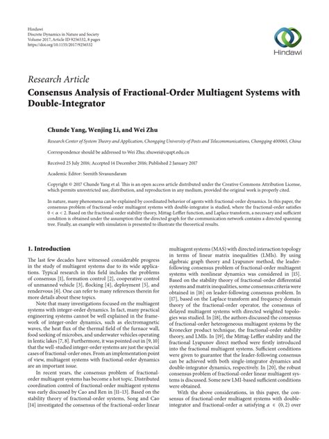 Pdf Consensus Analysis Of Fractional Order Multiagent Systems With Double Integrator