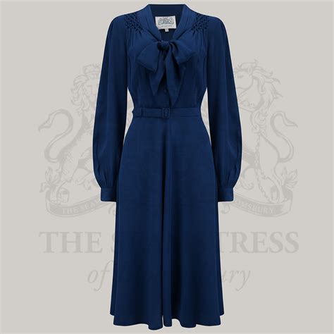 Eva Dress In French Navy Womens 1940s Style Pussy Bow Dress The
