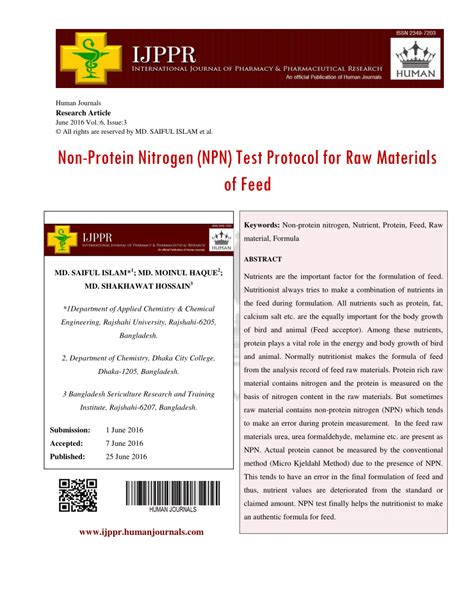 Pdf Non Protein Nitrogen Npn Test Protocol For Raw Materials Of Feed