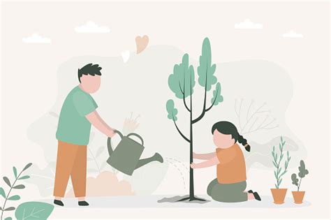 어린 아이들은 나무를 심습니다 어린 식물에 물을 주는 소년 환경 보호 녹색 행성 운동 생태 상황의 개선 지속 가능한 개발 나무에 대한 스톡 벡터 아트 및 기타 이미지