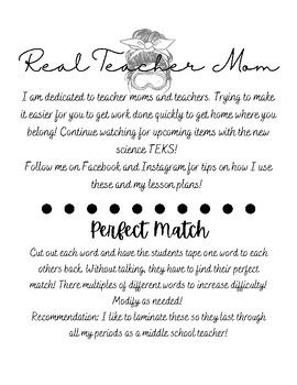 Perfect Match Activity By Real Teacher Mom TPT
