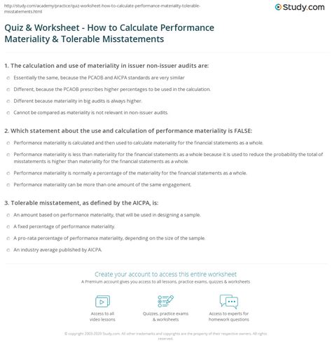 Quiz And Worksheet How To Calculate Performance Materiality And Tolerable