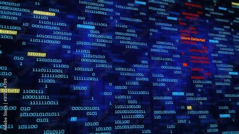 Binary Data Code Animation Showing Warning Messages In A Virtual