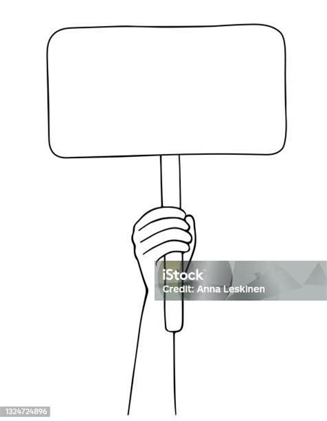 손에는 빈 포스터가 막대기에 담겨 있습니다 텍스트가 있는 장소와 함께 낙서 디자인 흰색 배경에 격리된 검은색 윤곽선입니다 손으로 그린 벡터 일러스트보드 항의 표지판 손에