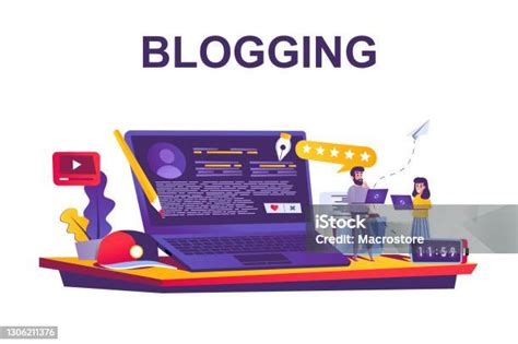 플랫 스타일로 블로깅 서비스 웹 개념 기사를 쓰는 사람 제작 콘텐츠 블로그에 게시 블로거 및 카피 라이터 장면 만화 캐릭터의 벡터 일러스트레이션 Brand Name