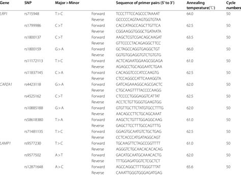 characteristics of tag snp genotyping primers anneaking temperature