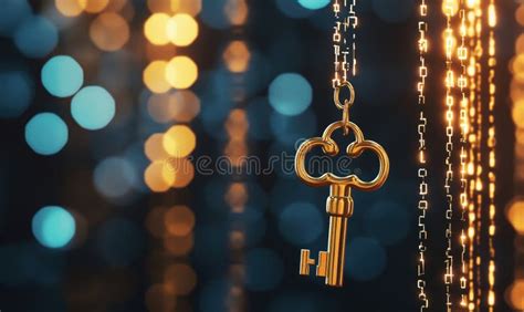 Golden Key With Bokeh Background Digital Binary Code Abstract Concept