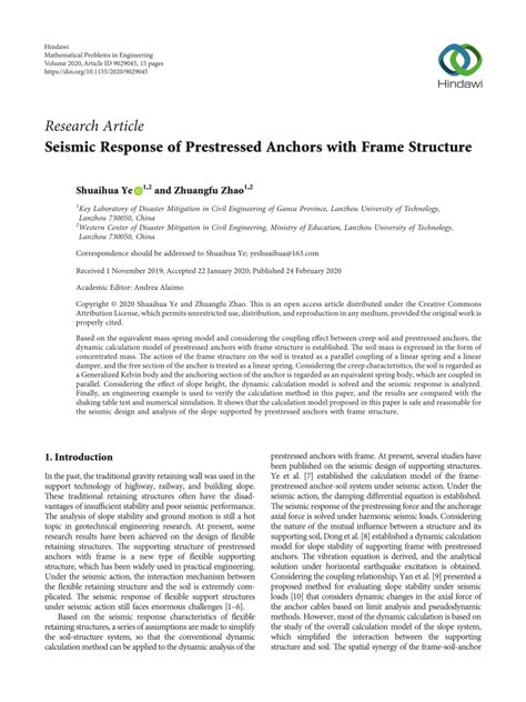 Pdf Seismic Response Of Prestressed Anchors With Frame Structure