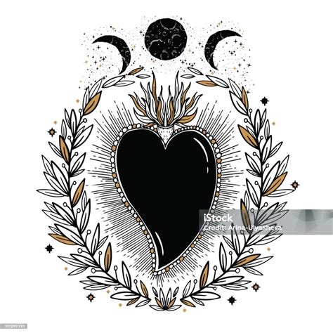 스케치 그래픽 그림 아름 다운 마음 신비 하 고 신비로운 손으로 그린 기호 벡터 일러스트입니다 오래 된 패션 문신 빈티지 손입니다 Freemasons에 대한 스톡 벡터 아트