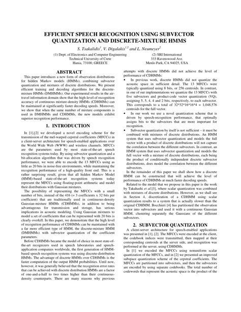 pdf efficient speech recognition using subvector quantization and