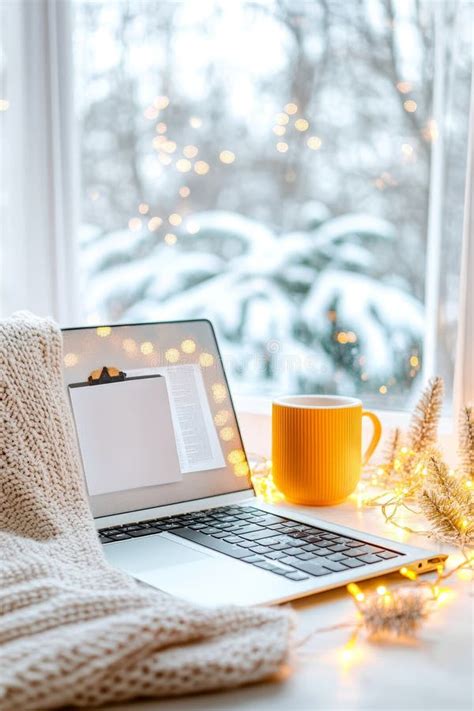 Laptop With Sticky Notes On The Screen Coffee Cup Notebooks And Decorative Lights On A Desk