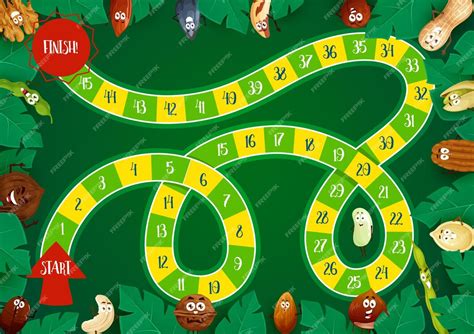 어린이 보드 게임 템플릿 블록 경로 숫자 시작 완료 및 만화 견과류와 씨앗 캐릭터가있는 단계 보드 게임 프리미엄 벡터