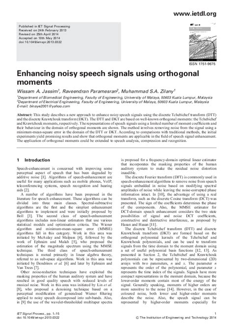 Pdf Enhancing Noisy Speech Signals Using Orthogonal Moments