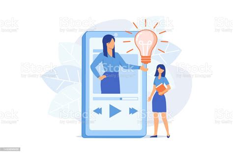 Ideo 튜토리얼 시청 온라인 강의 인터넷 코스 디지털 레슨 교사 만화 캐릭터 화상 통화 세미나 원격 교육 벡터 일러스트레이션 개념에 대한 스톡 벡터 아트 및 기타 이미지