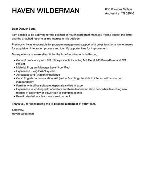 Material Program Manager Cover Letter Velvet Jobs